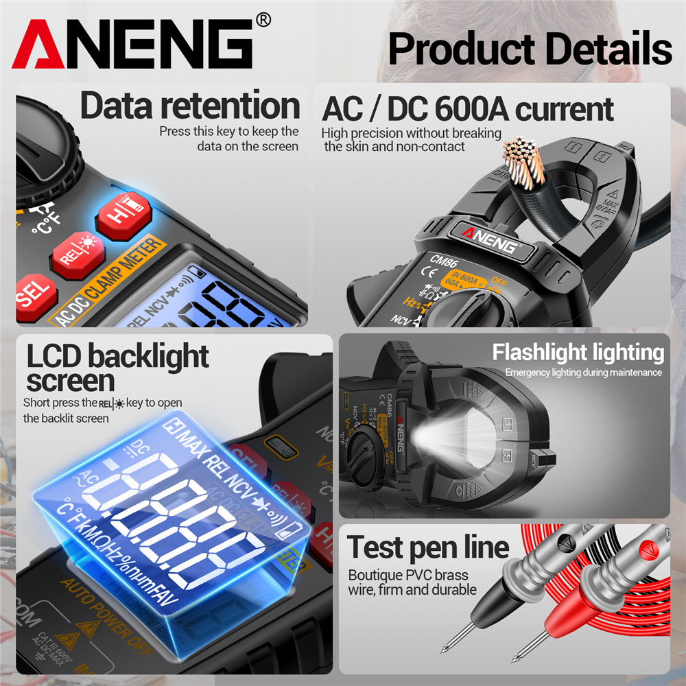 ANENG CM86 Clamp Meter 600A AC DC Current Voltage Resistance Capacitance Temperature Digital ...