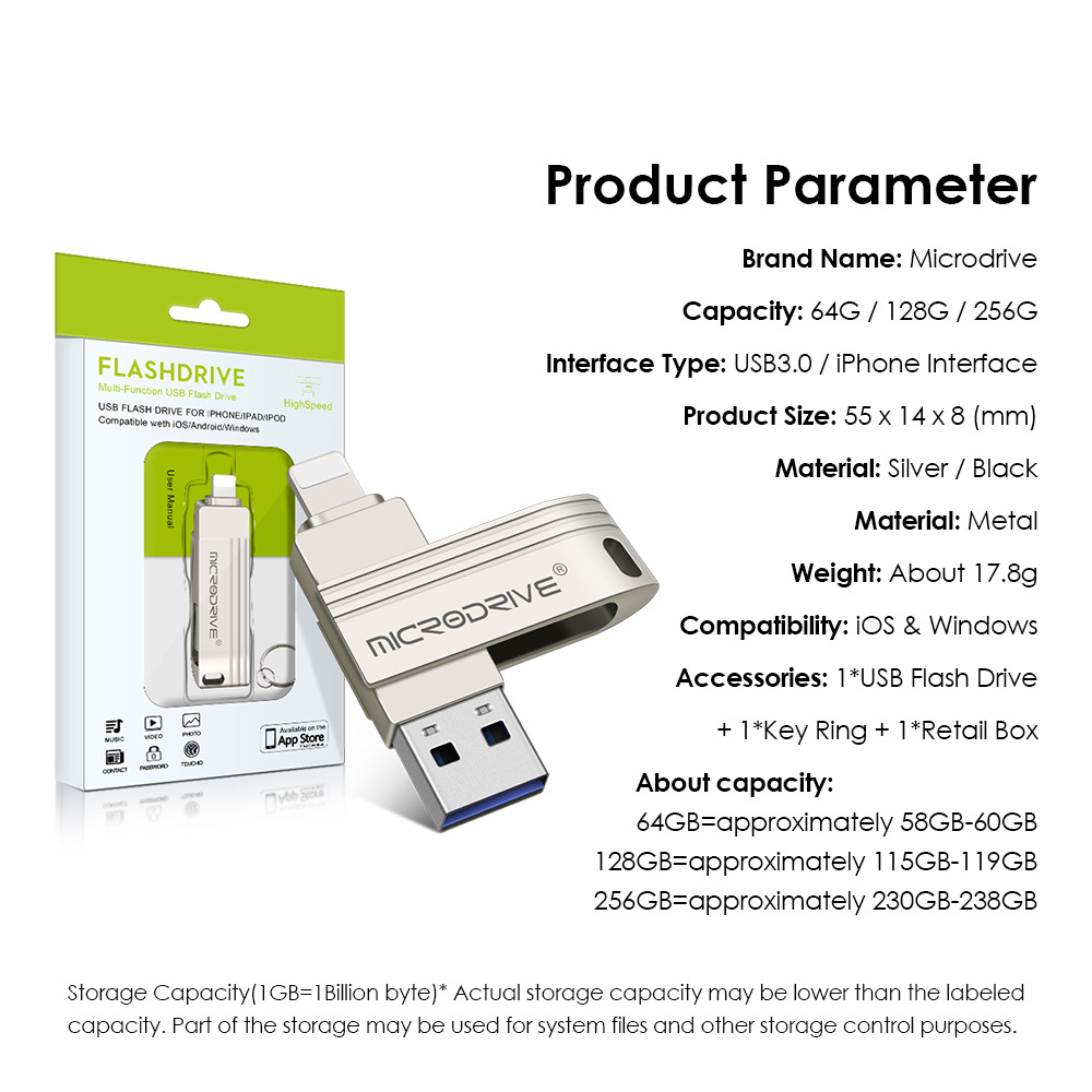 Microdrive 64GB Metal USB 3.0 Flash Drive USB/iP Dual Interface Fast ...