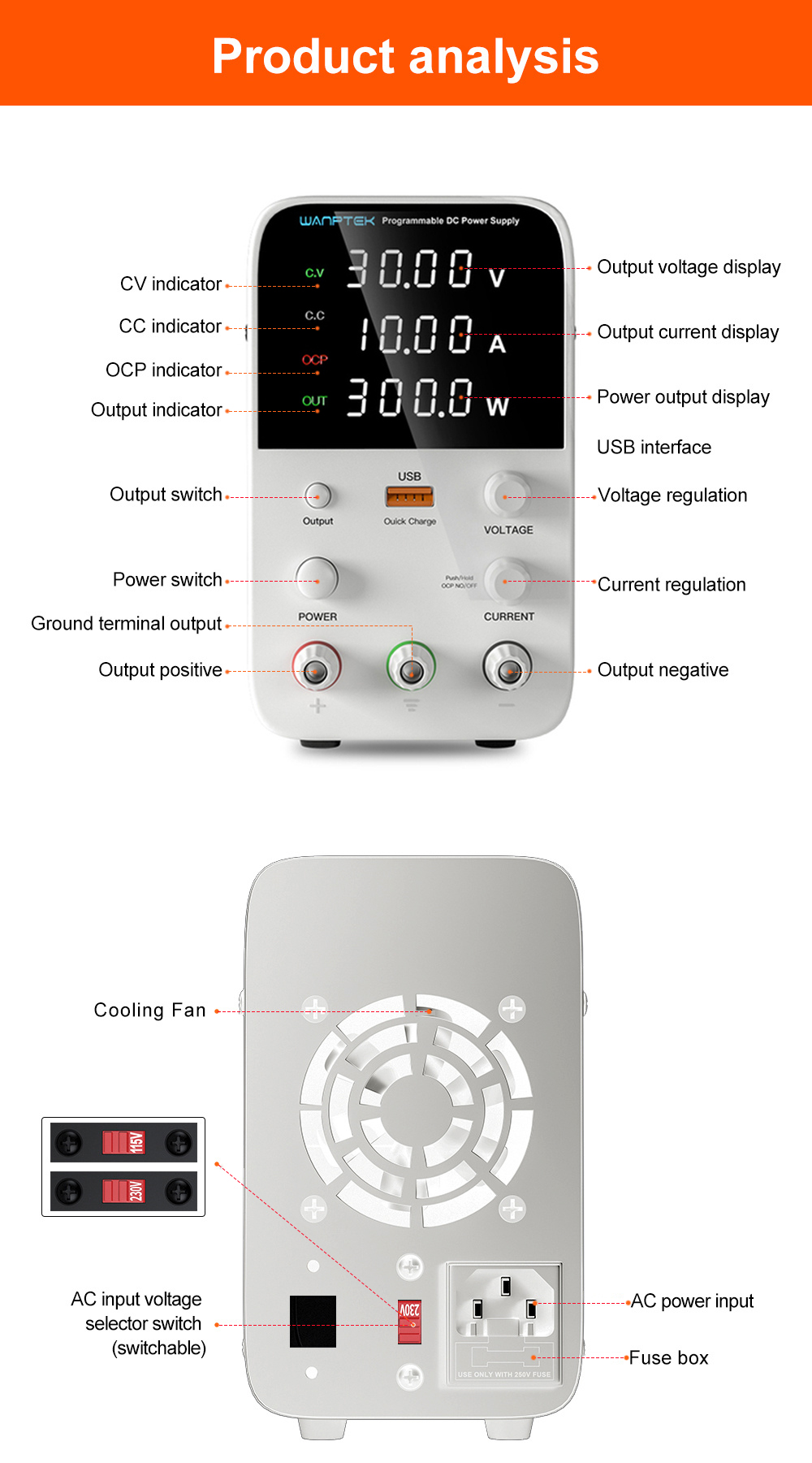 WANPTEK WPS3010H WPS1602H WPS605H WPS1203H WPS305H 30V~160V 2~5A Adjustable DC Power Supply ...