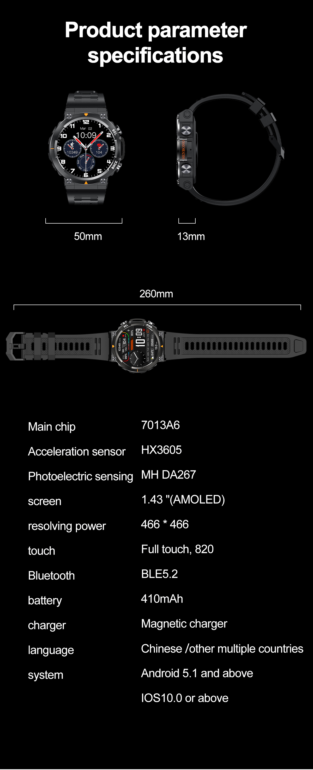 SENBONO MAX18 1.43 inch AMOLED Screen Innovative Gesture GPT AI Assistant bluetooth Call Heart ...