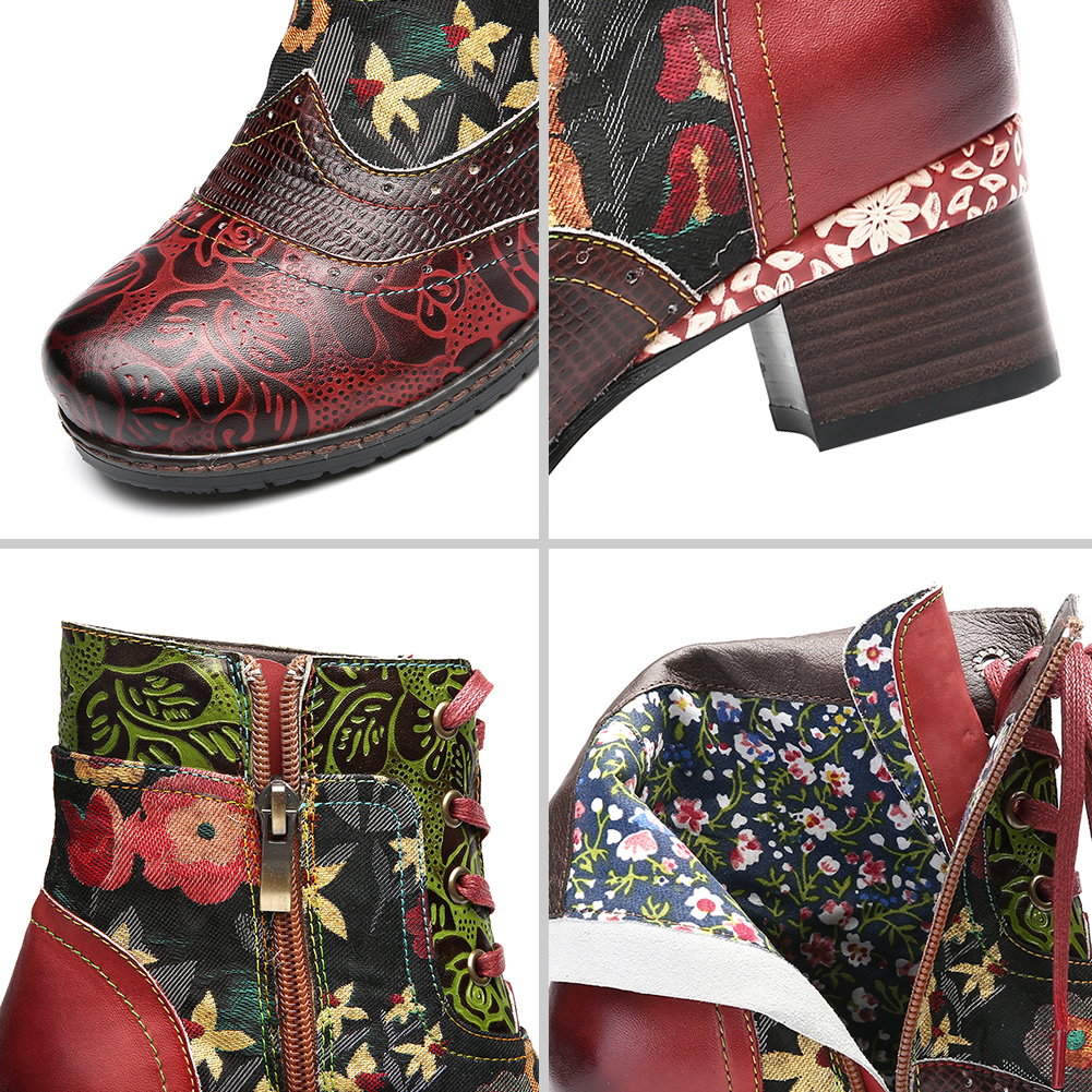 gracosy Handmade Leather Floral Pattern Ankle Boots Handmade Booties