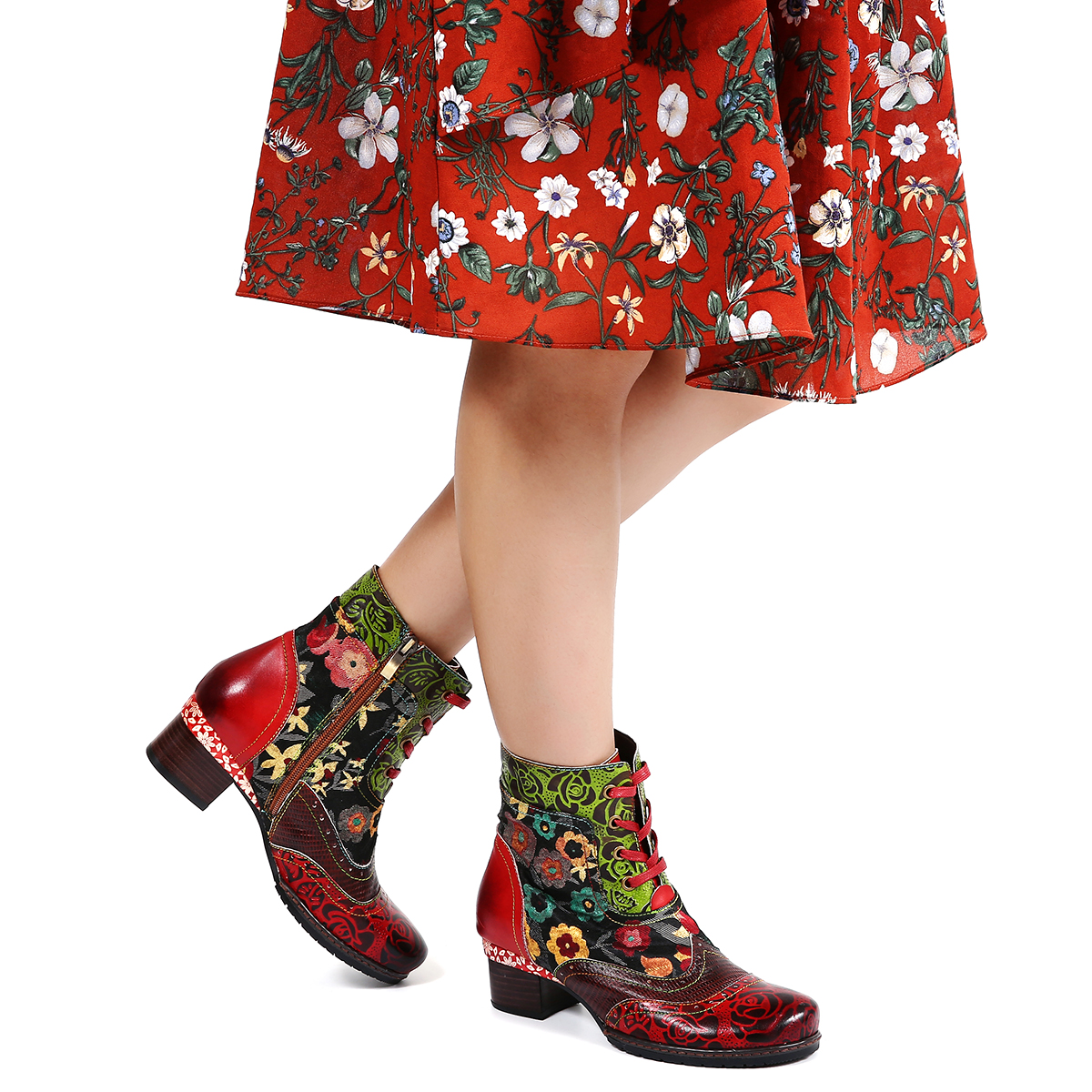 gracosy Handmade Leather Floral Pattern Ankle Boots Handmade Booties